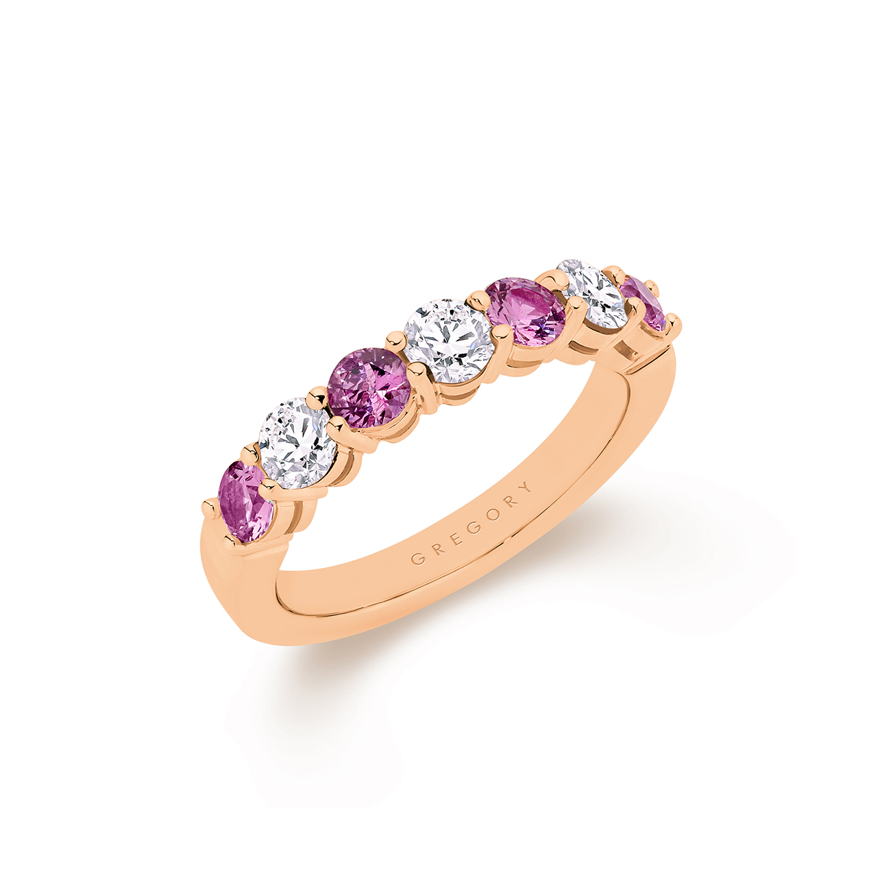 18K Rose Gold Claw Set Round Pink Sapphire & Diamond Band